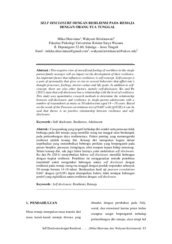 (PDF) Self Disclosure Dengan Resiliensi Pada Remaja Dengan Orang Tua Tunggal