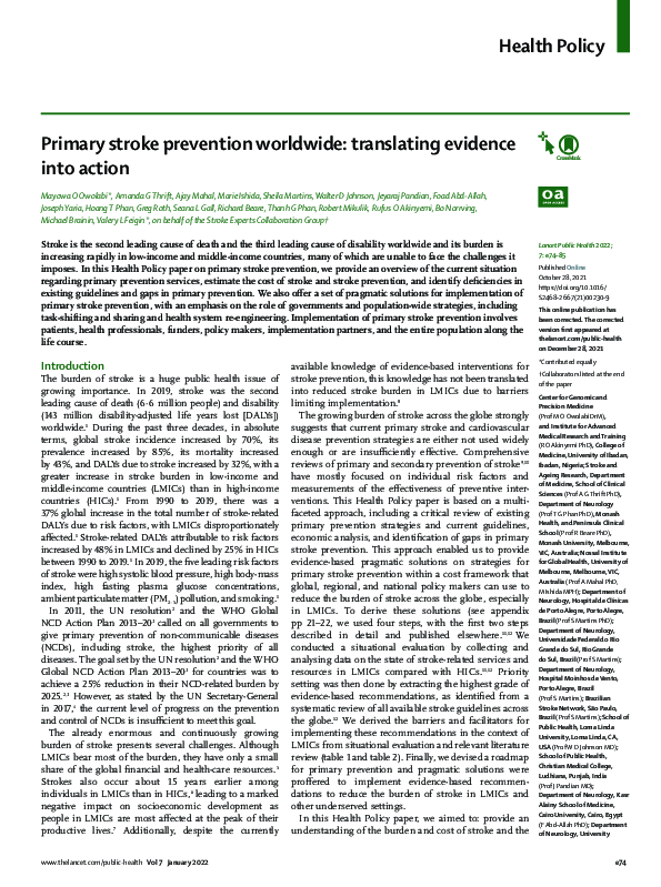 (PDF) Primary stroke prevention worldwide: translating evidence into action
