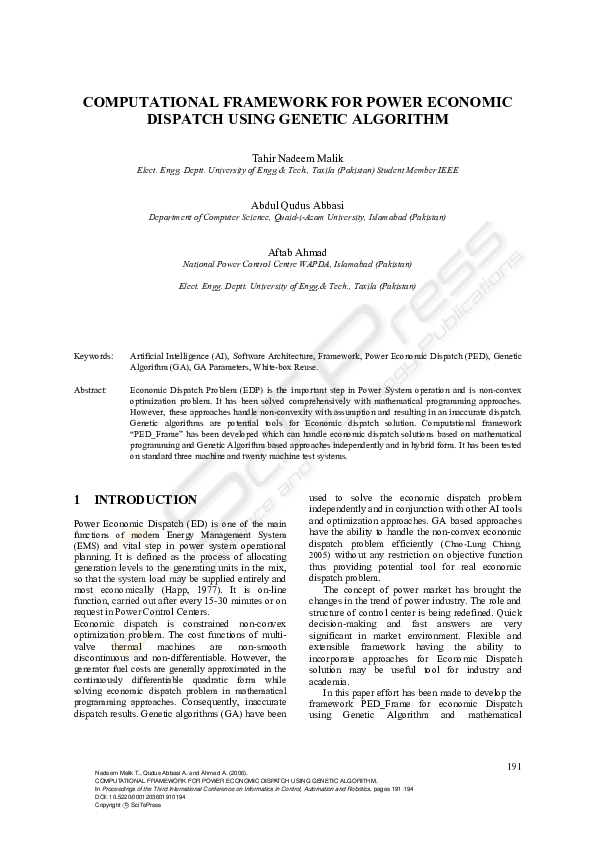 Pdf Computational Framework For Power Economic Dispatch Using Genetic Algorithm