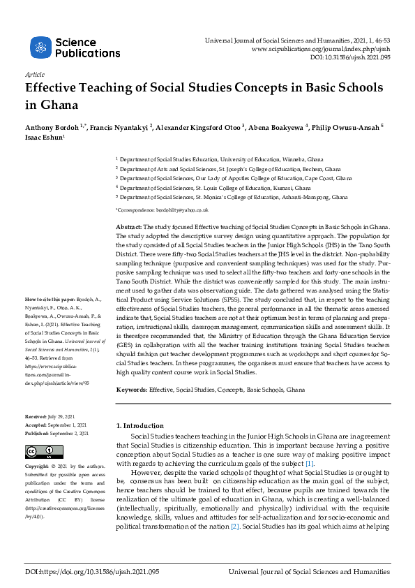 (PDF) Effective Teaching of Social Studies Concepts in Basic Schools in Ghana