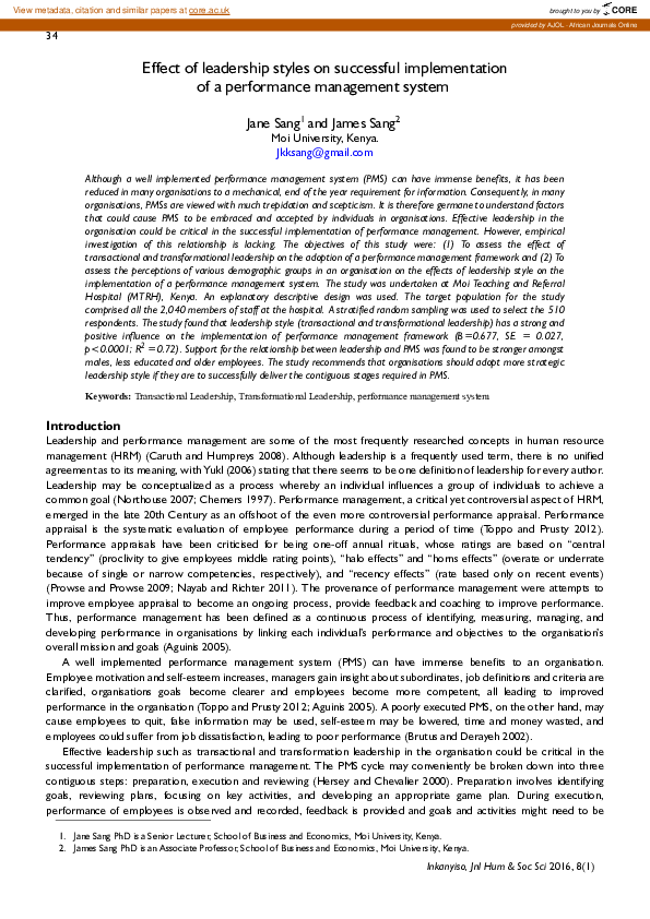 (PDF) Effect of leadership styles on successful implementation of a ...