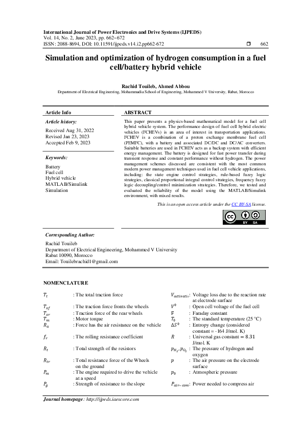(PDF) Simulation and optimization of hydrogen consumption in a fuel cell/battery hybrid vehicle
