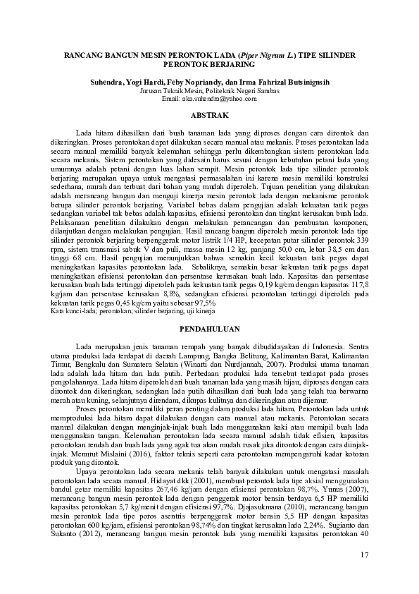 (PDF) RANCANG BANGUN MESIN PERONTOK LADA (Piper Nigrum L.) TIPE ...