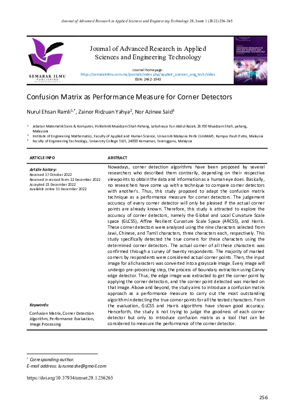 Pdf Confusion Matrix As Performance Measure For Corner Detectors
