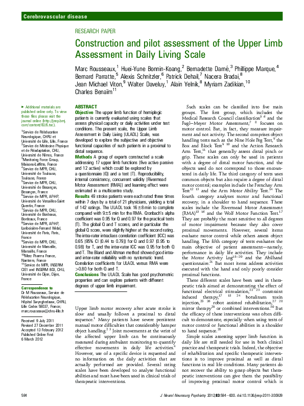 (PDF) Construction and pilot assessment of the Upper Limb Assessment in Daily Living Scale