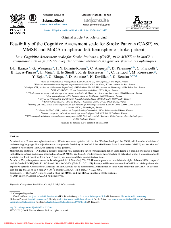 (PDF) Feasibility of the Cognitive Assessment scale for Stroke Patients ...