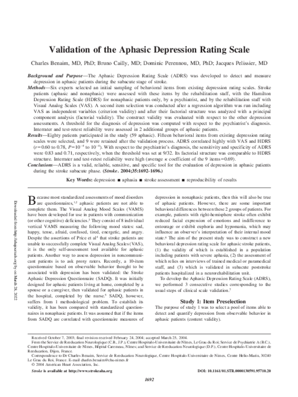 (PDF) Validation of the Aphasic Depression Rating Scale