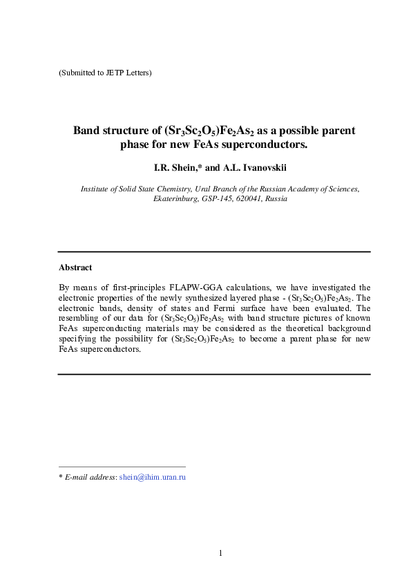(PDF) Band structure of (Sr3Sc2O5)Fe2As2 as a possible basis phase of ...