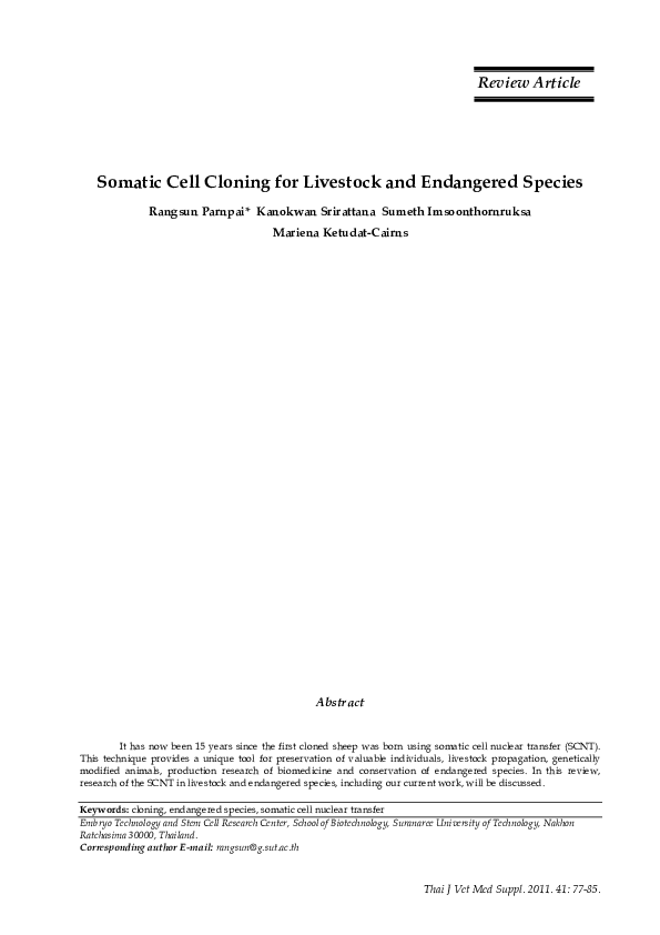 (PDF) Somatic Cell Cloning for Livestock and Endangered Species