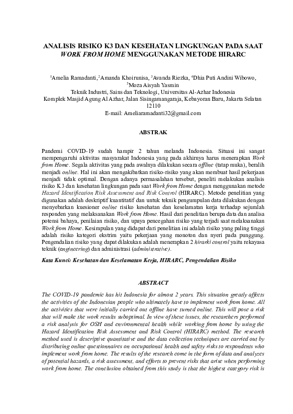 (PDF) Analisis Risiko K3 Dan Kesehatan Lingkungan Pada Saat Work from ...