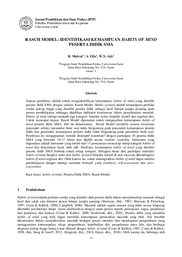 (PDF) Rasch Model: Identifikasi Kemampuan Habits Of Mind Peserta Didik SMA