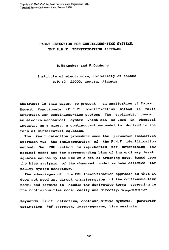 (PDF) Fault Detection for Continuous-Time Systems, The P.M.F Identification Approach
