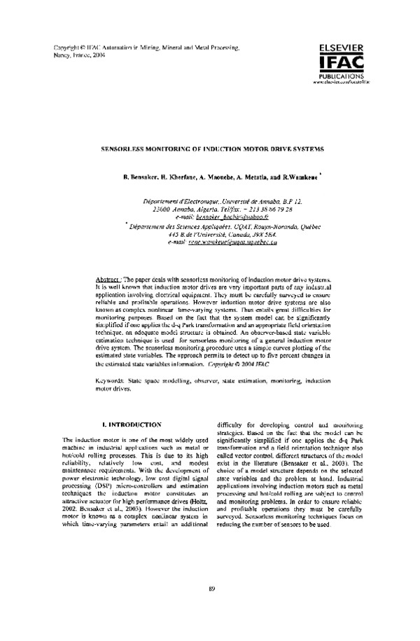 (PDF) Sensorless Monitoring of Induction Motor Drive Systems