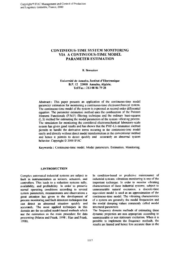 Pdf Continuous Time System Monitoring Via A Continuous Time Model Parameter Estimation