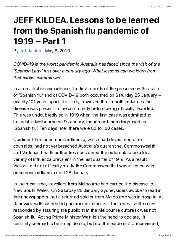 (PDF) Lessons to be learned from the Spanish flu pandemic of 1919 -Part ...