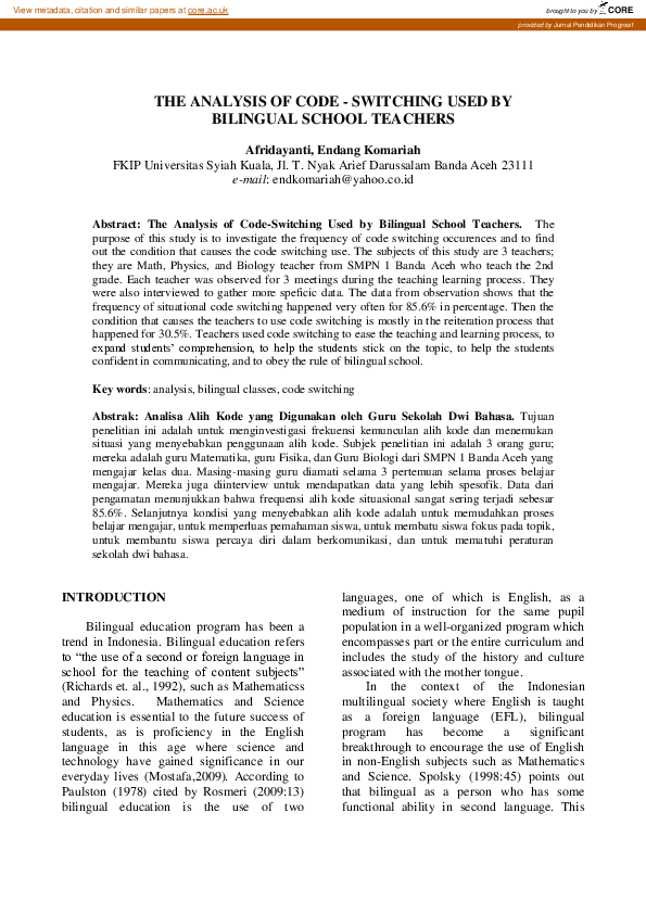 (PDF) The Analysis of Code - Switching Used by Bilingual School Teachers