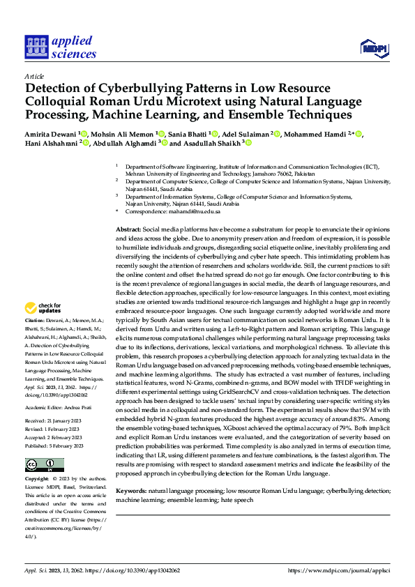(PDF) Detection of Cyberbullying Patterns in Low Resource Colloquial Roman Urdu Microtext using ...