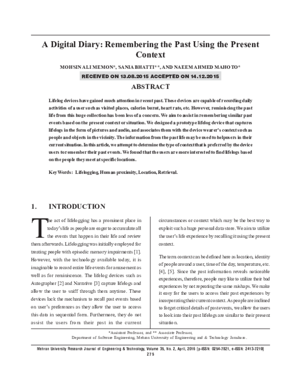 (PDF) A Digital Diary: Remembering the Past Using the Present Context