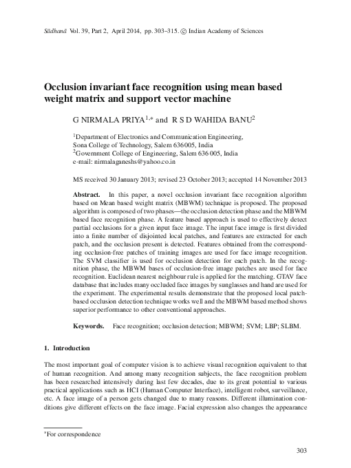 (PDF) Occlusion invariant face recognition using mean based weight matrix and support vector machine
