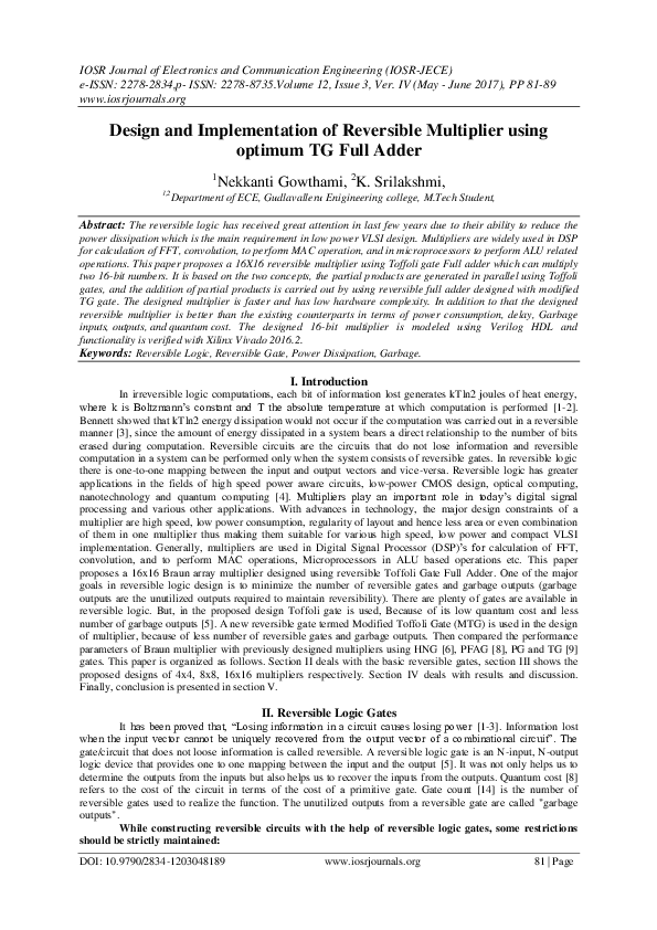 (PDF) Design and Implementation of Reversible Multiplier using optimum ...