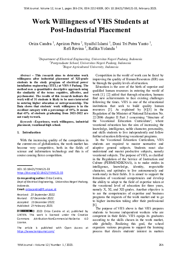 (PDF) Work Willingness of VHS Students at Post-Industrial Placement