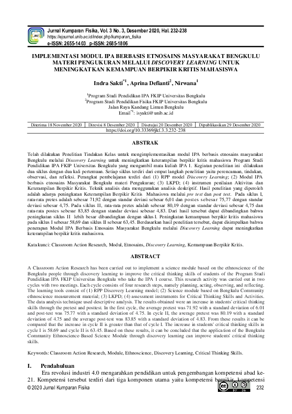 (PDF) Implementasi Modul Ipa Berbasis Etnosains Masyarakat Bengkulu Materi Pengukuran Melalui ...
