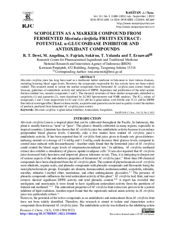 (PDF) SCOPOLETIN AS A MARKER COMPOUND FROM FERMENTED Morinda citrifolia ...