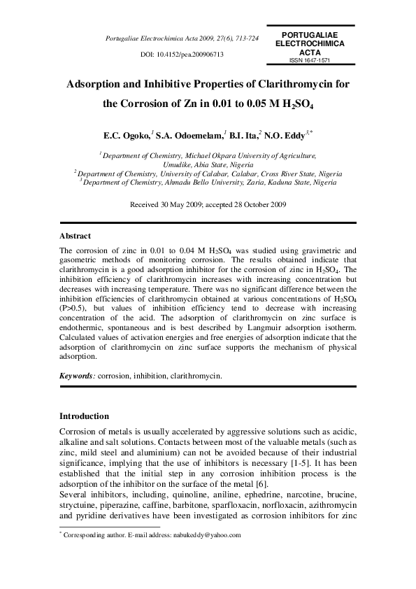 (PDF) Adsorption and Inhibitive Properties of Clarithromycin for the Corrosion of Zn in 0.01 to ...