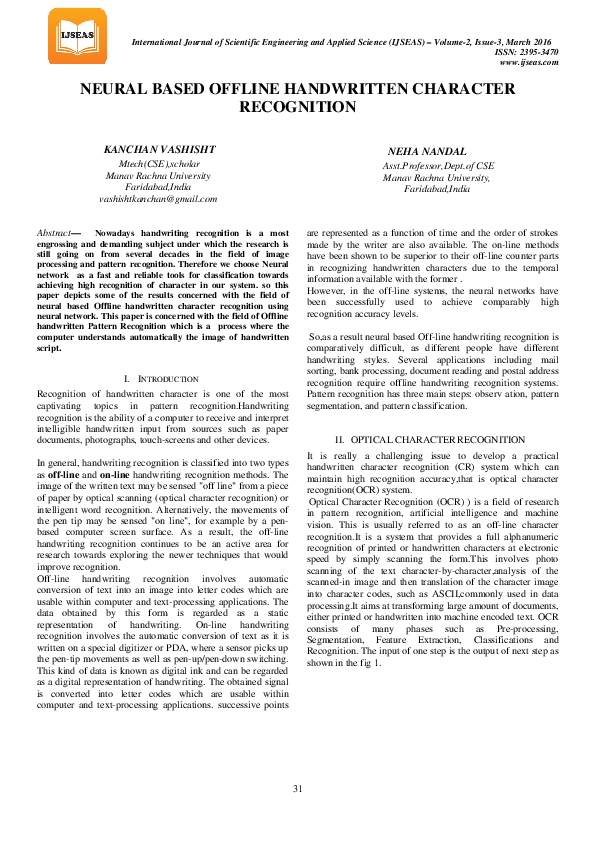 Pdf Neural Based Offline Handwritten Character Recognition Dr Neha Nandal