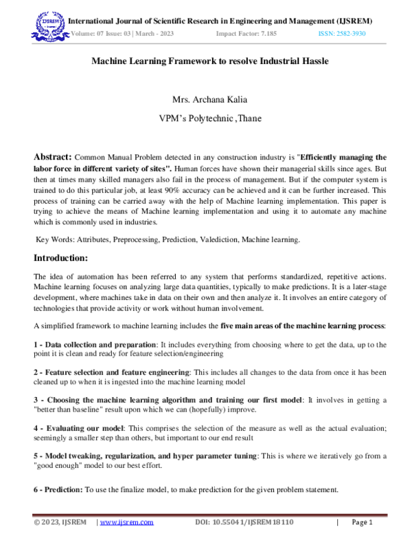 (PDF) Machine Learning Framework to resolve Industrial Hassle
