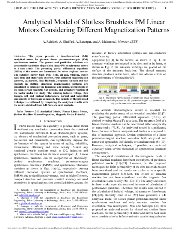 (PDF) Analytical Model of Slotless Brushless PM Linear Motors ...