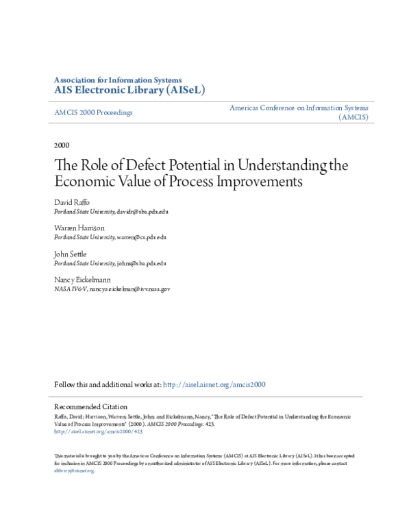 (PDF) The Role of Defect Potential in Understanding the Economic Value ...