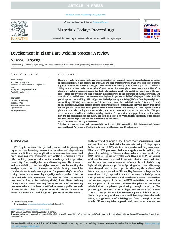 (PDF) Development in plasma arc welding process: A review