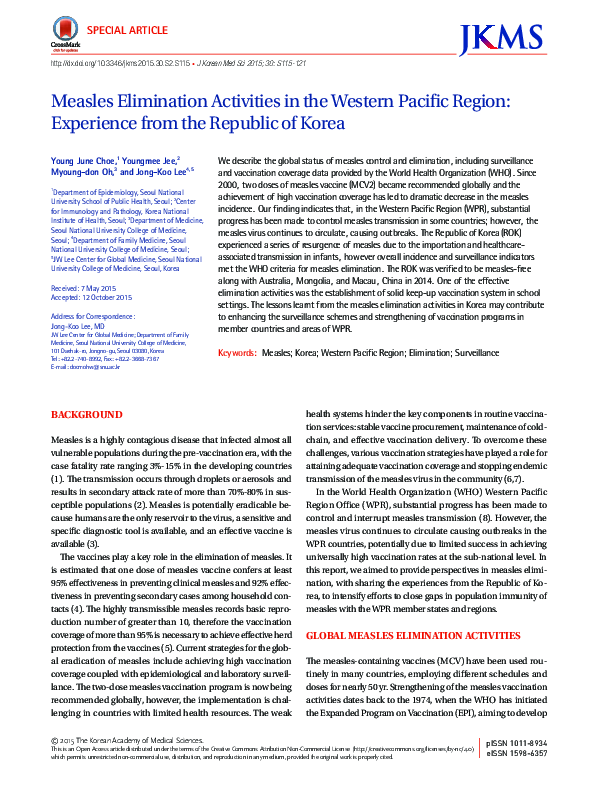 (PDF) Measles Elimination Activities in the Western Pacific Region: Experience from the Republic ...
