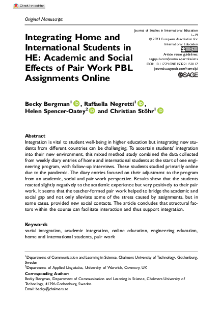 (PDF) Integrating Home and International Students in HE: Academic and Social Effects of Pair ...