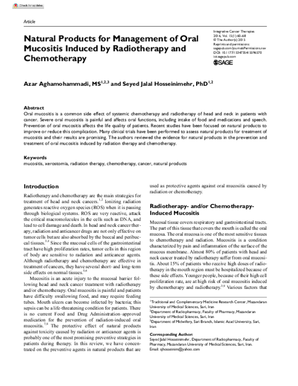 (PDF) Natural Products for Management of Oral Mucositis Induced by Radiotherapy and Chemotherapy