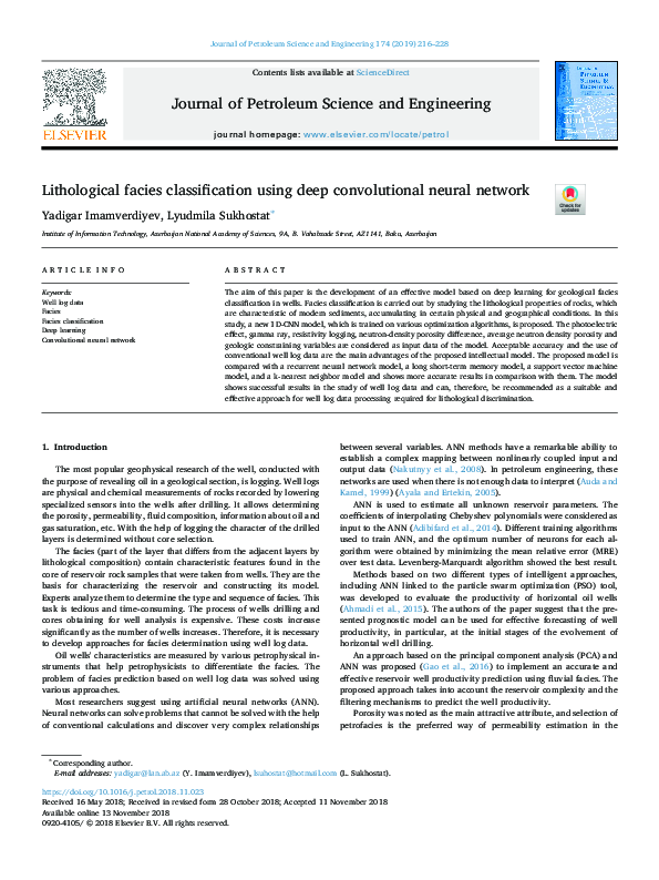 (PDF) Lithological facies classification using deep convolutional neural network