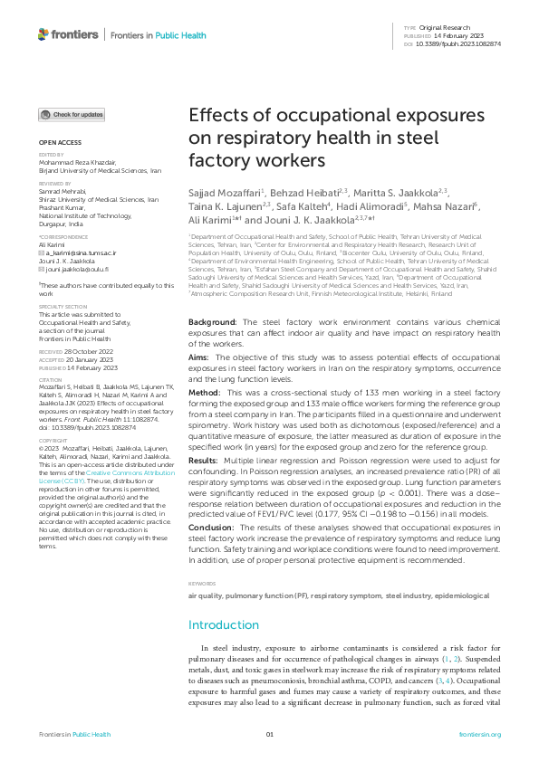 (PDF) Effects of occupational exposures on respiratory health in steel ...