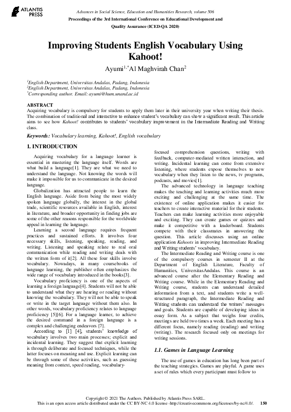 (PDF) Improving Students English Vocabulary Using Kahoot!