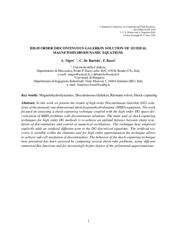 (PDF) High Order Discontinuous Galerkin Solution of 1D Ideal Magnetohydrodynamic Equations