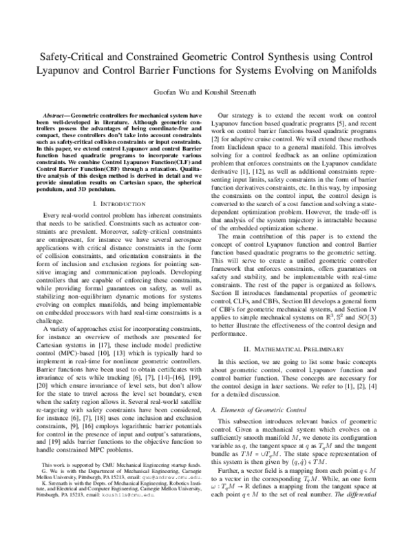 (PDF) Safety-critical and constrained geometric control synthesis using control Lyapunov and ...