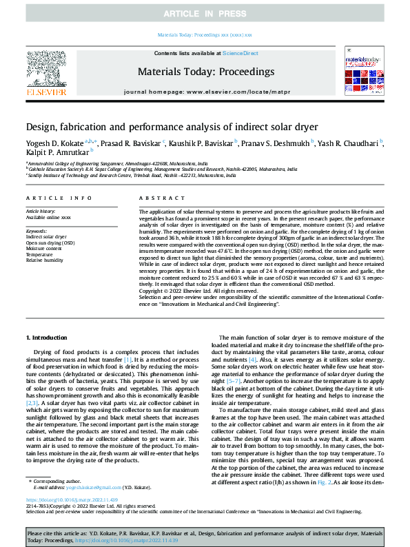 (PDF) Design, fabrication and performance analysis of indirect solar dryer