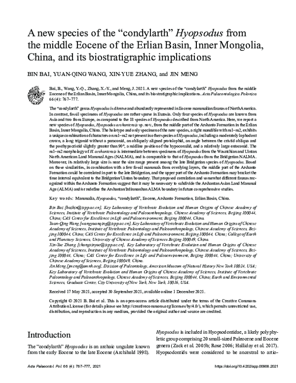 (PDF) A new species of the “condylarth” Hyopsodus from the middle ...