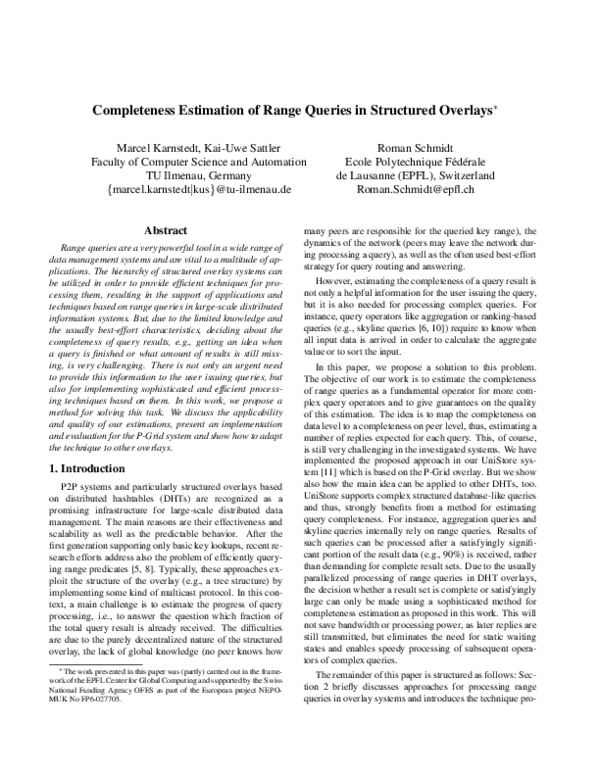 Pdf Completeness Estimation Of Range Queries In Structured Overlays