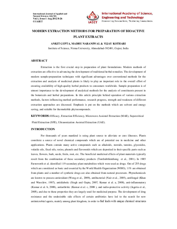(PDF) Extraction methods for preparation of bioactive plant extracts: A comparative study