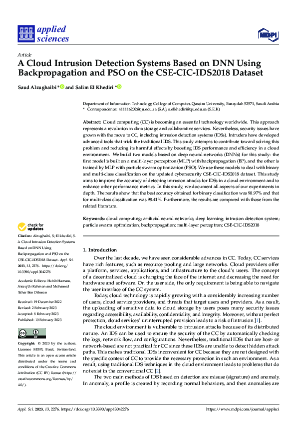 Pdf A Cloud Intrusion Detection Systems Based On Dnn Using Backpropagation And Pso On The Cse