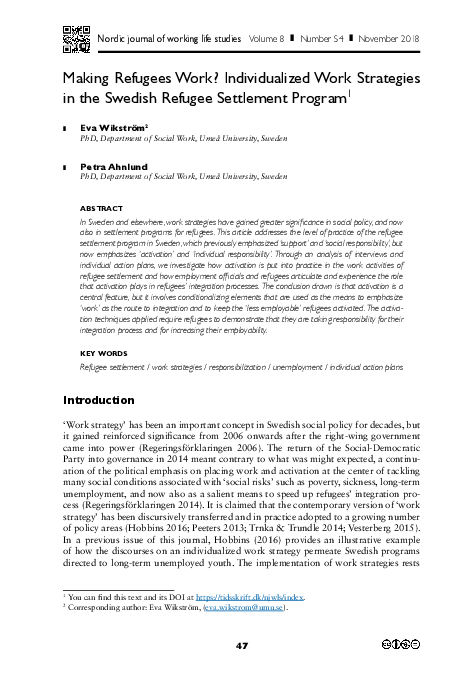 (PDF) Making Refugees Work? Individualized Work Strategies in the ...