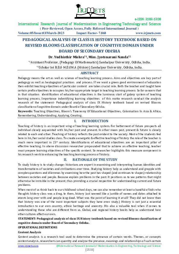 (PDF) PEDAGOGICAL ANALYSIS OF CLASS IX HISTORY TEXTBOOK BASED ON ...