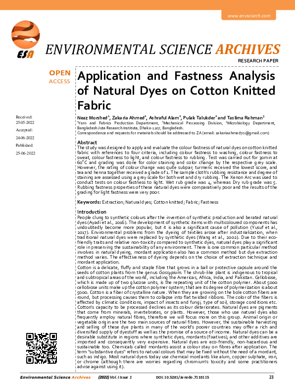 (PDF) Application and Fastness Analysis of Natural Dyes on Cotton Knitted Fabric