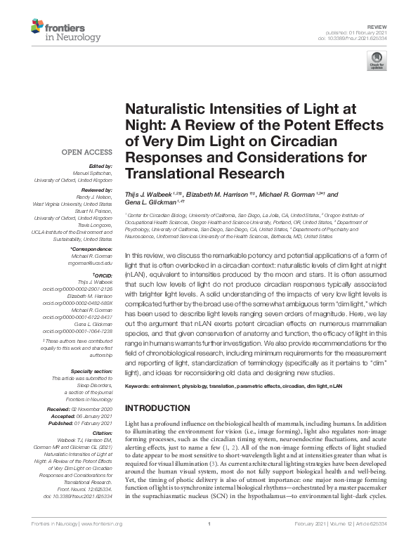(PDF) Naturalistic Intensities of Light at Night: A Review of the ...